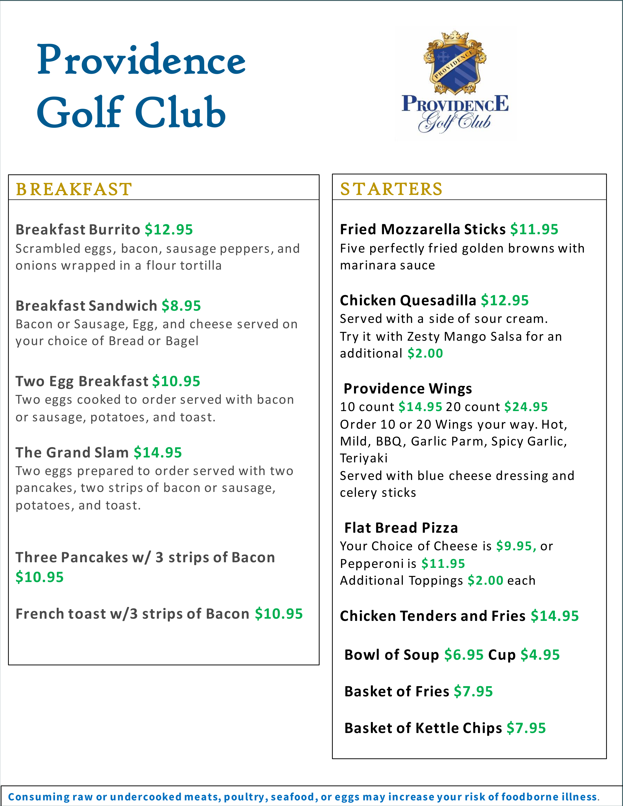Blue Heron Tavern Menu - Providence Golf Club