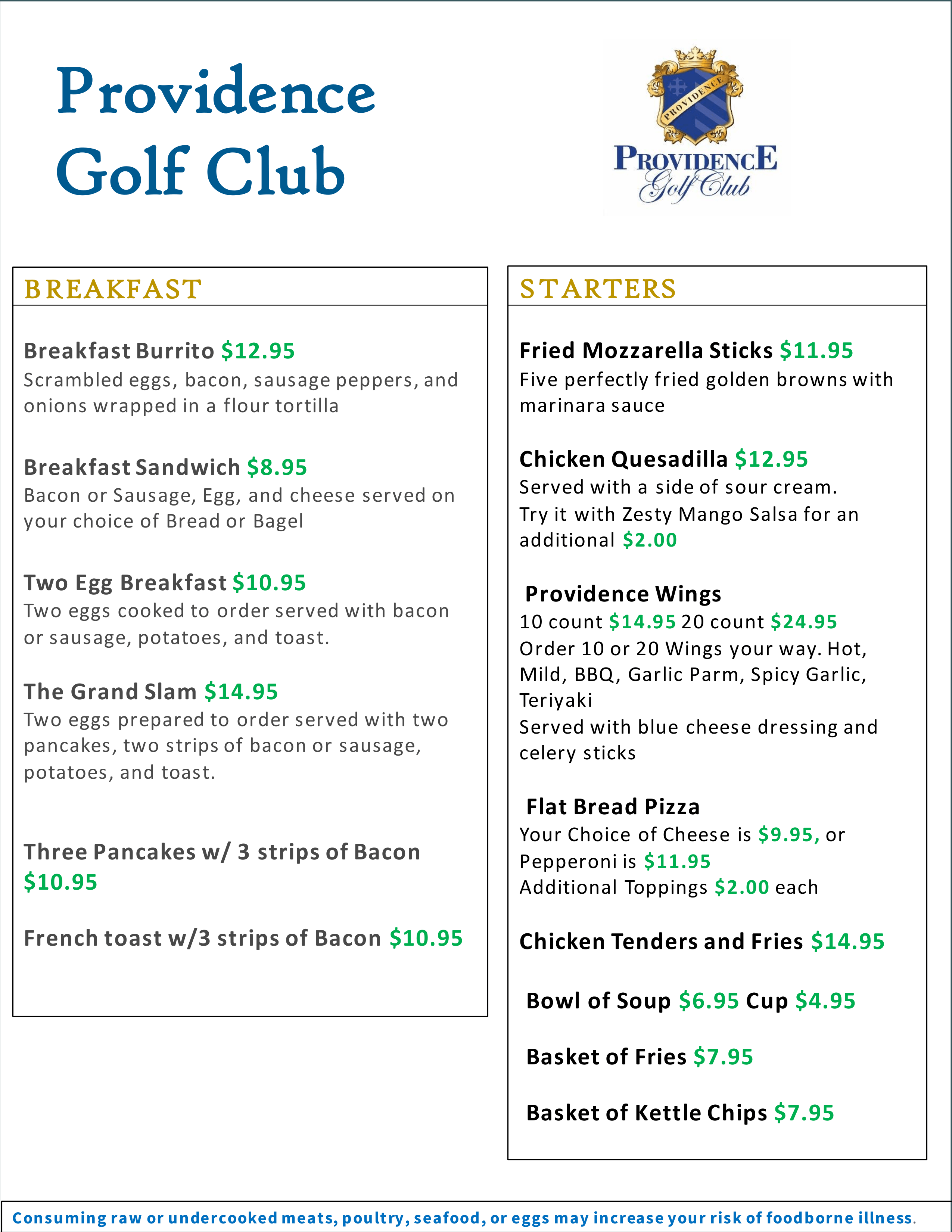 Blue Heron Tavern Menu - Providence Golf Club