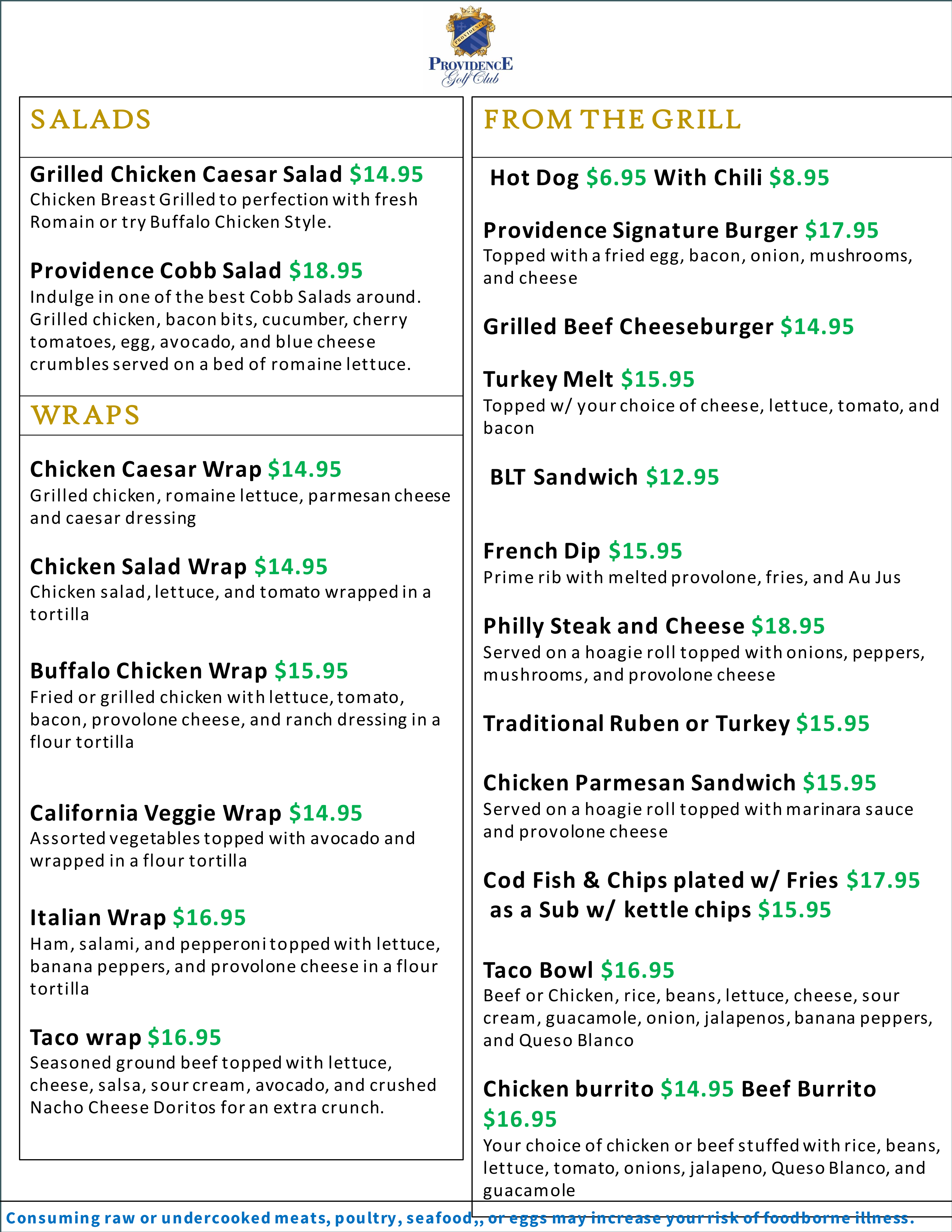 Blue Heron Tavern Menu - Providence Golf Club
