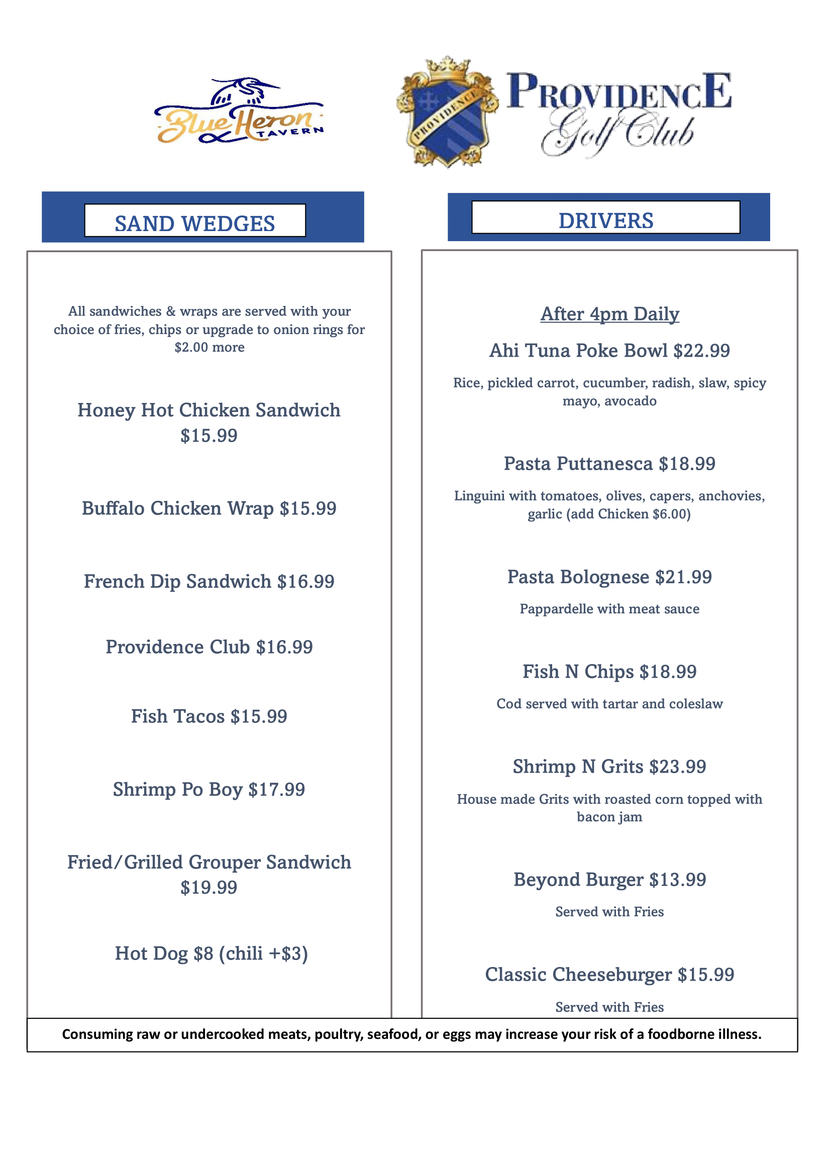 Blue Heron Tavern Menu - Providence Golf Club