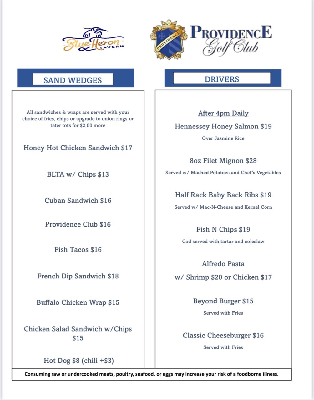 Blue Heron Tavern Menu - Providence Golf Club