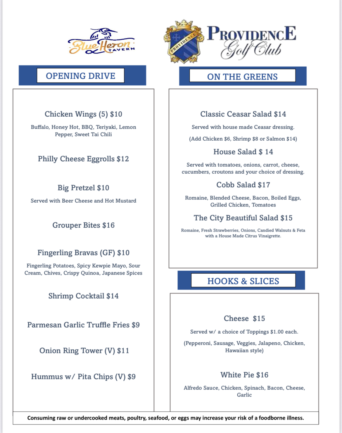 Blue Heron Tavern Menu - Providence Golf Club